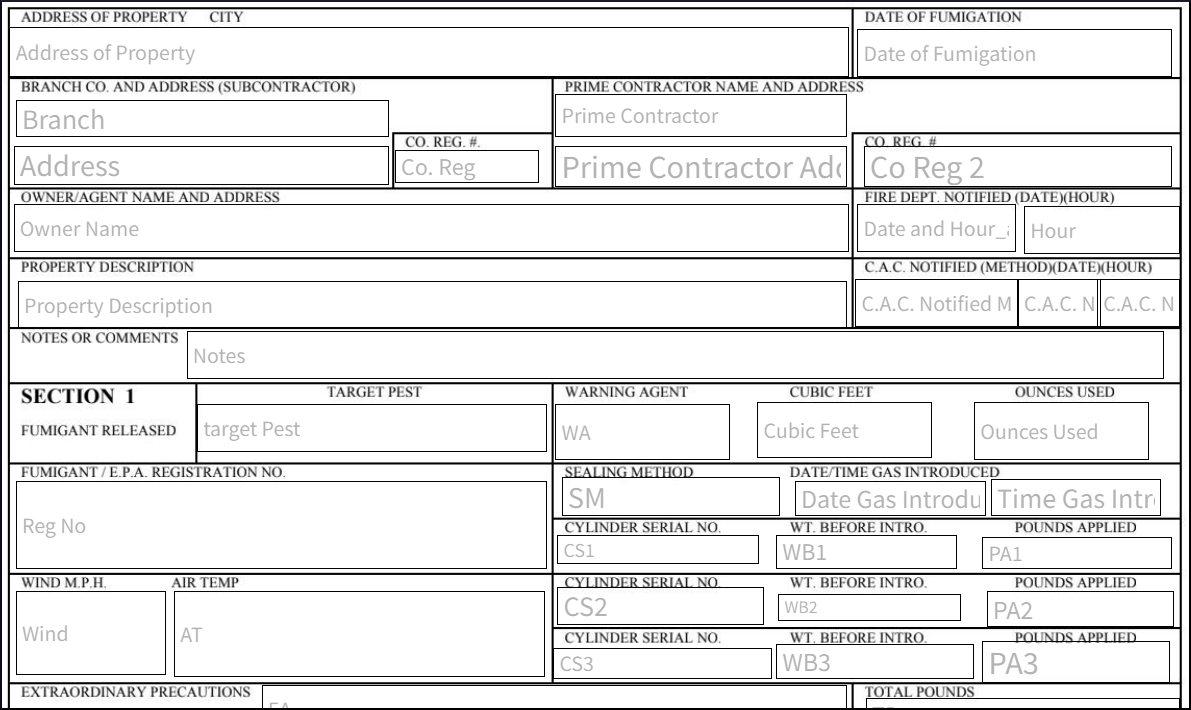 Regulatory Form California Structural Fumigation Log Field Mapping
