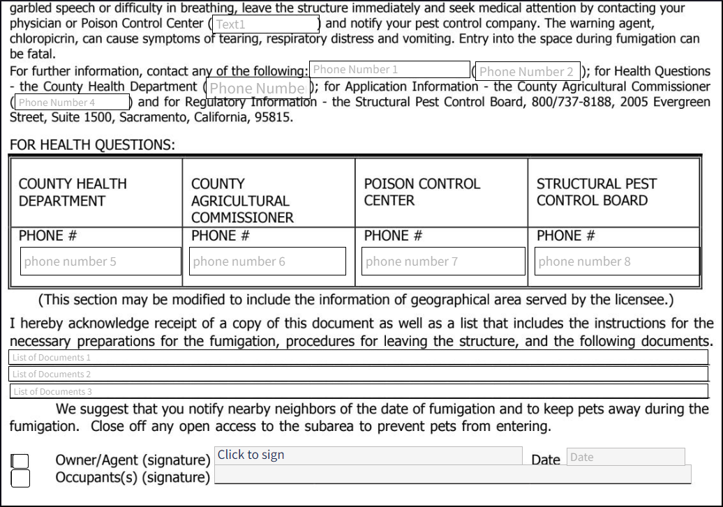 Regulatory Form California Fumigation Notice Field Mapping