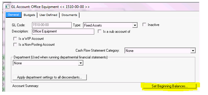 How do I enter beginning balances for General Ledger accounts?
