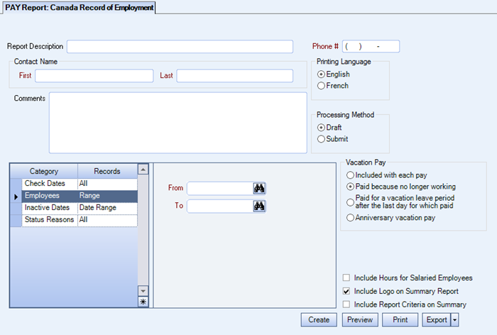 WT: PAY: Canada Record of Employment Report