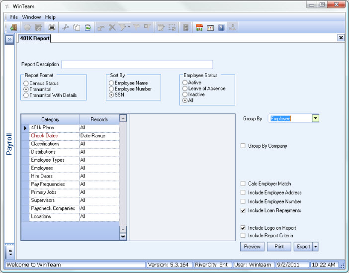 WT: PAY: 401K Report