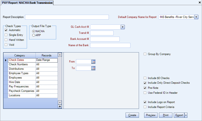 WT: Payroll NACHA Bank Transmission Report