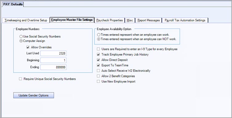WT: Payroll Defaults Employee Master File Settings