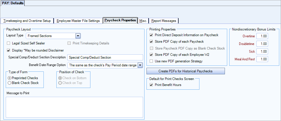 WT: PAY Defaults Paycheck Properties
