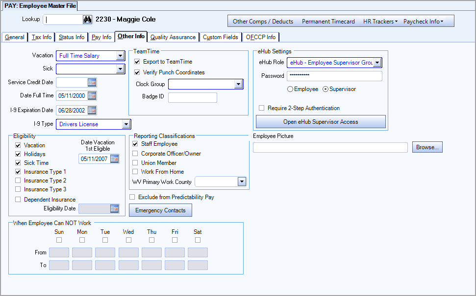 WT: Employee Master File - Other Info Tab