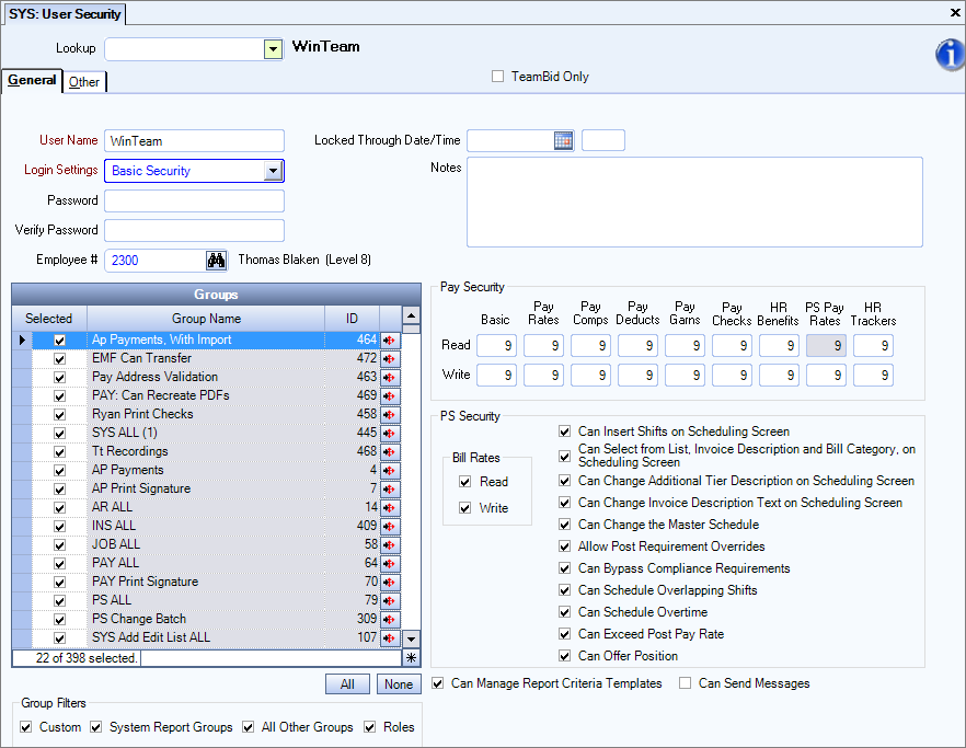 WT: SYS User Security Window Overview