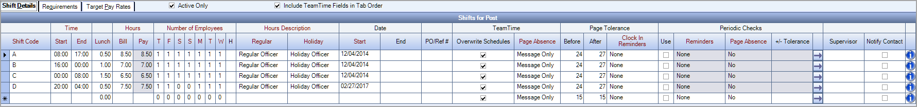 WT: PS Post Setup – Shift Details Tab